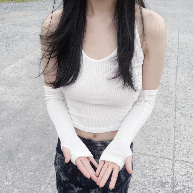 y2k 홀터 슬리브리스 크롭 탑 레이어드 골지 워머 팔토시 투피스 세트 2col