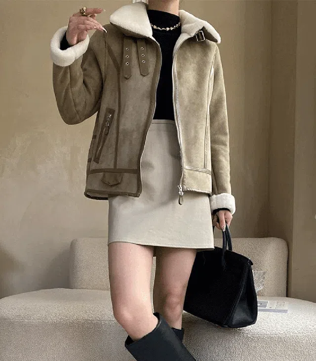 해외 고퀄리티 스웨이드 램퍼 크롭 무스탕 양털 숏 자켓 기모재킷 여성 겨울 탑 양모무스탕 뽀글이 모직자켓 슬림핏 정장 캐주얼 아우터 레더자켓 스탠드 카라 집업 지퍼 점퍼