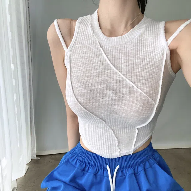 [Y2K/신축성굿] 랍빠 어깨 끈 슬림 크롭 나시 4color 착붙핏 스트랩 절개 섹시 골지 포인트_드미엘