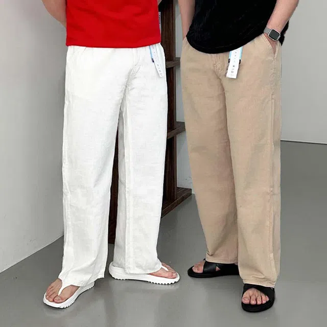 [당일출고] 린넨 와이드 면 팬츠 밴딩 여름 화이트 긴 팬츠 베이지 4COLOR 빅사이즈 S~4XL 마바지 통넓은 통큰바지