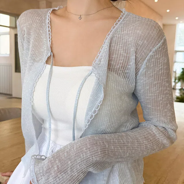 2컬러 긴팔 가디건 망사 시스루 비치는 물놀이 여름 여행 라운드넥 유넥 스트링 끈 리본 무지 스판 면 긴소매 골지 하객룩 결혼식 간절기 슬림핏 크롭 숏 짧은 베이직 응용 가디건