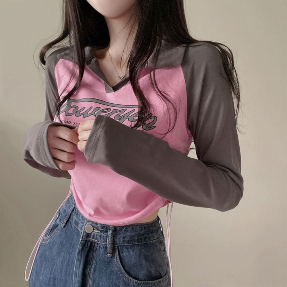 (3color/Y2K)クロップドストリングシャーリング配色長袖Tシャツ | ファッション通販サイト NUGU